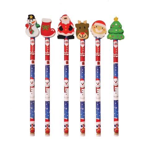Assorted Designs Christmas Pencils With Erasers Rubbers Toppers